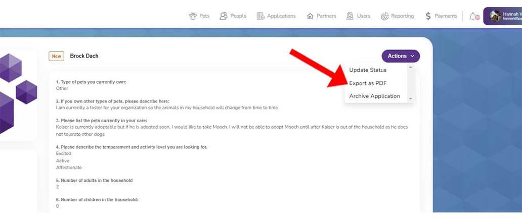 How do I export a completed application to a PDF, and send it to people?
